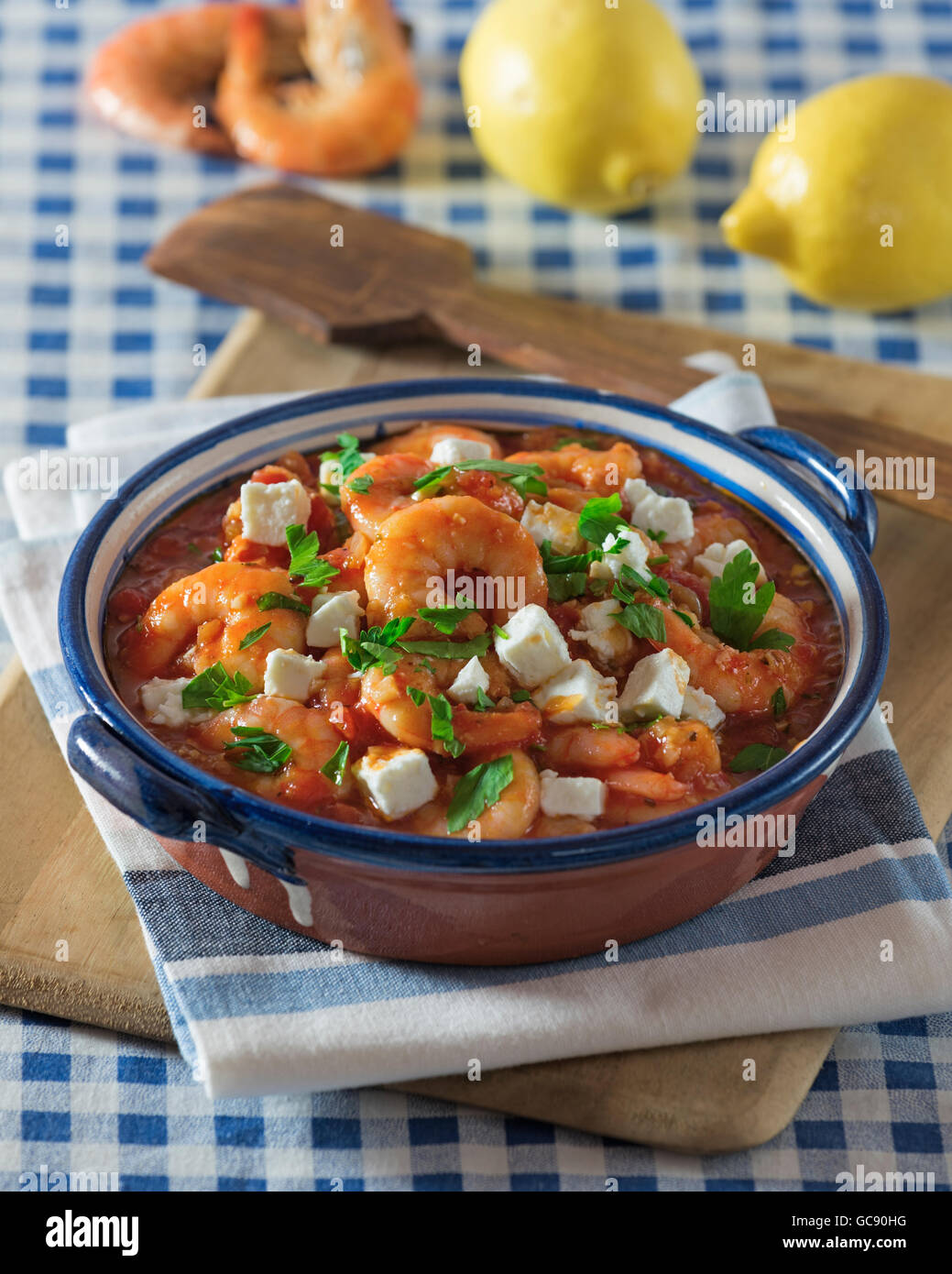 Prawns saganaki. Greek seafood dish. Greece Food Stock Photo - Alamy