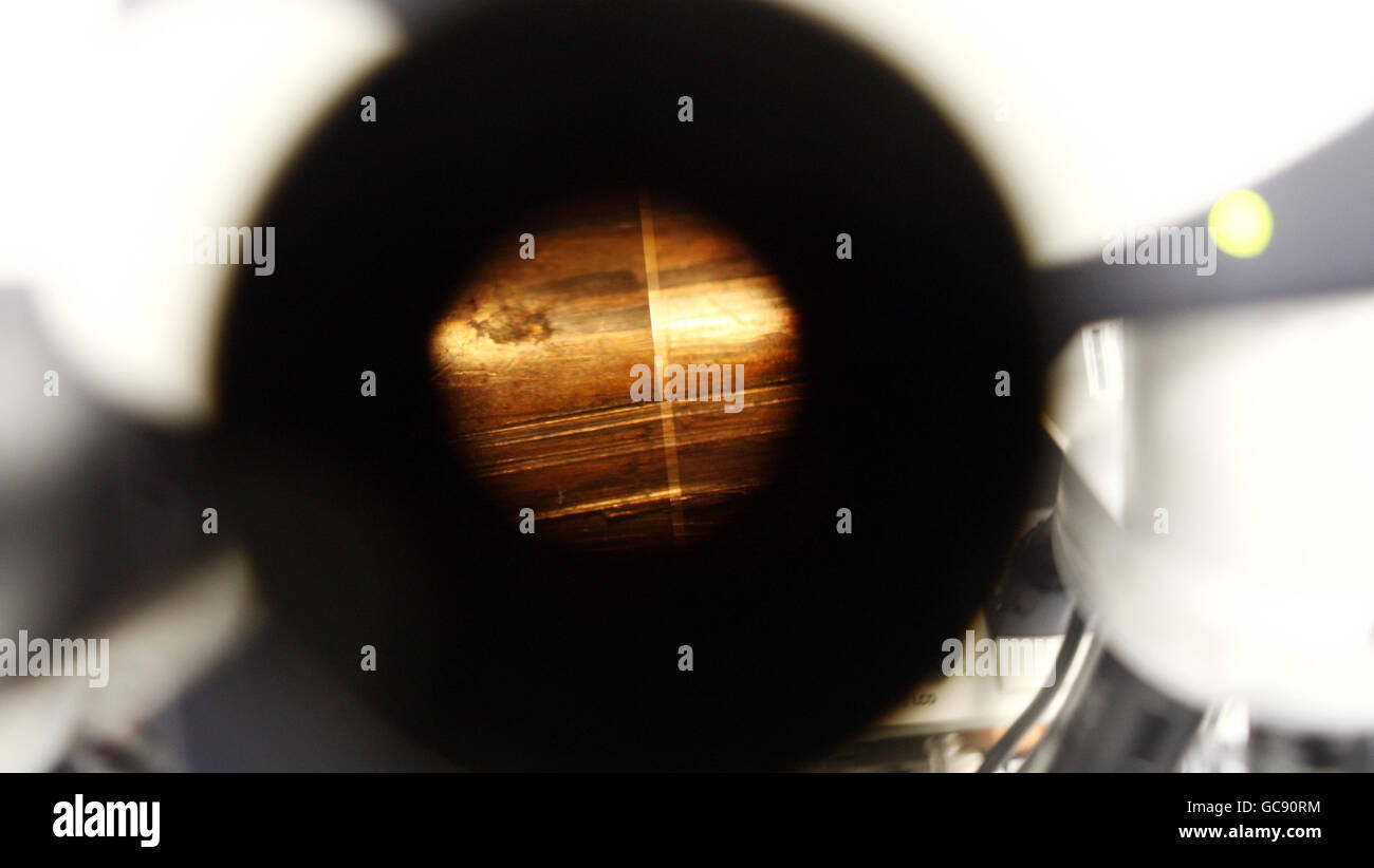 The view through a comparator microscope matching barrel markings on ...