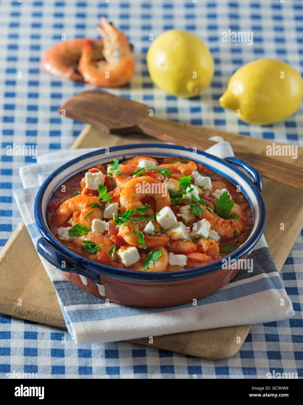 Prawns saganaki. Greek seafood dish. Greece Food Stock Photo - Alamy