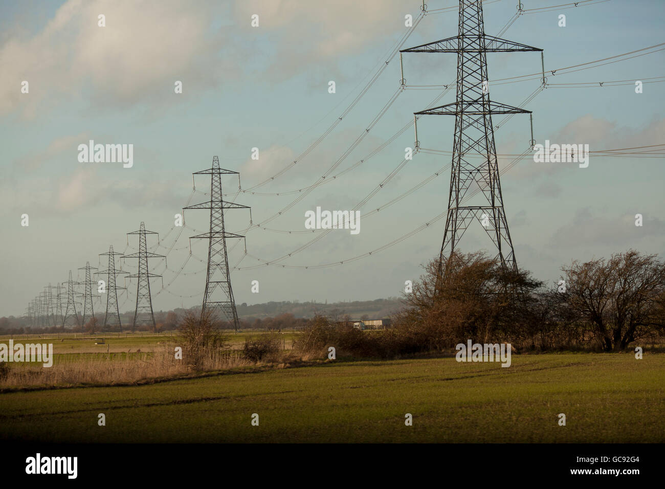 Electricity pylons in the English countryside in East Sussex Stock ...