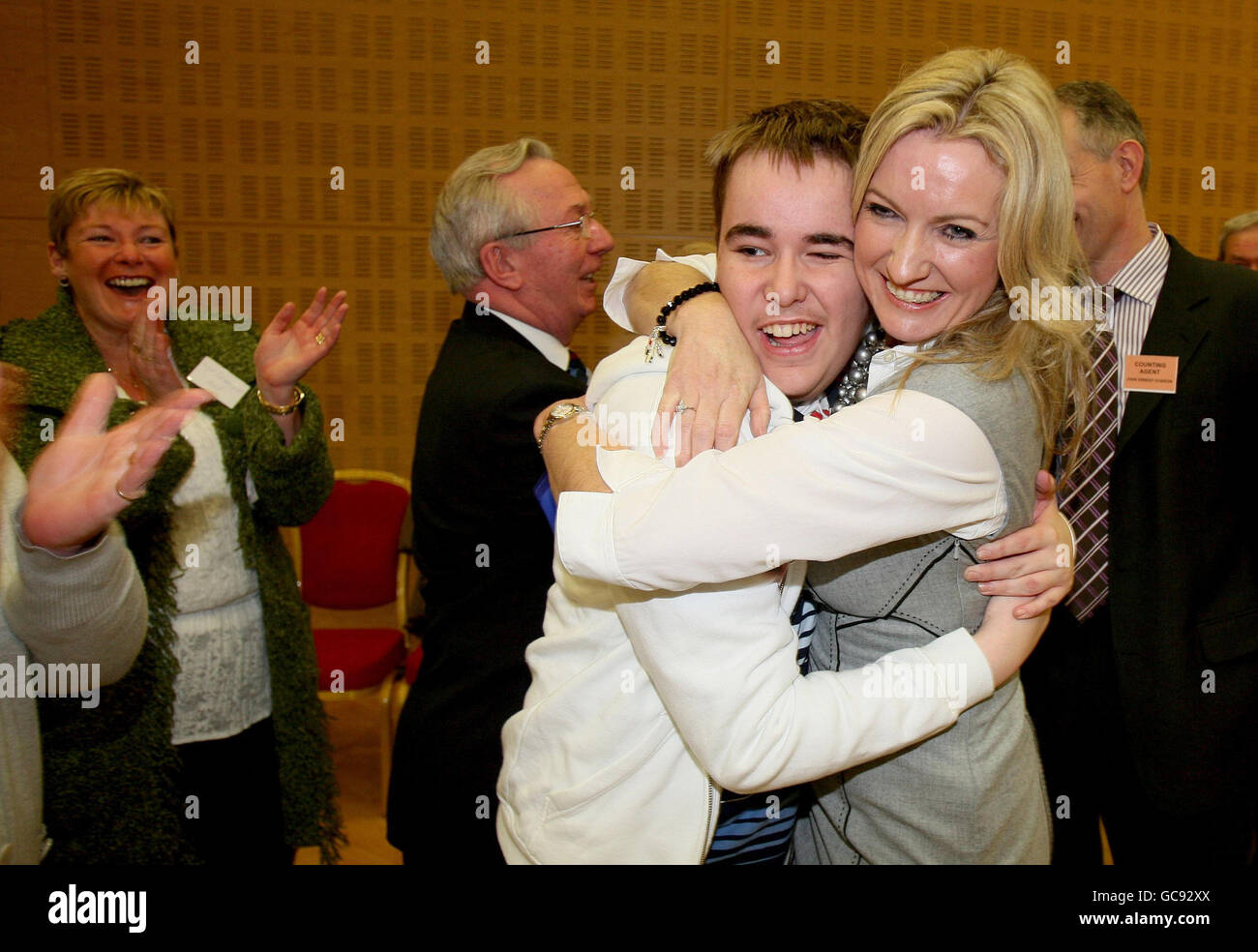 The Ulster Unionist Party's Jo-Anne Dobson celebrates with her son Mark ...