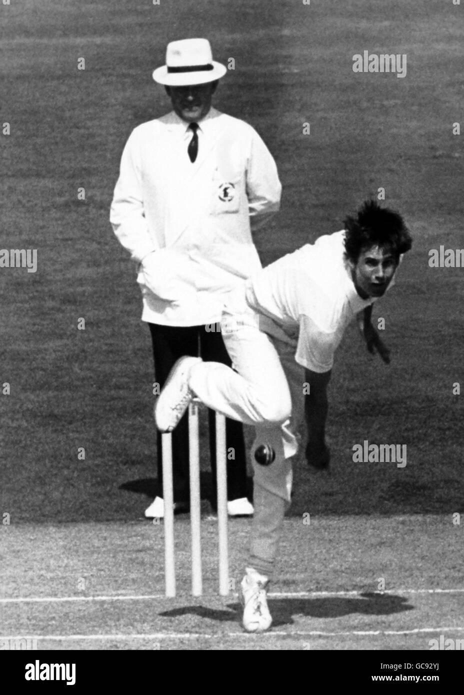 Neil Foster in fine action at the Oval today when he took three early ...