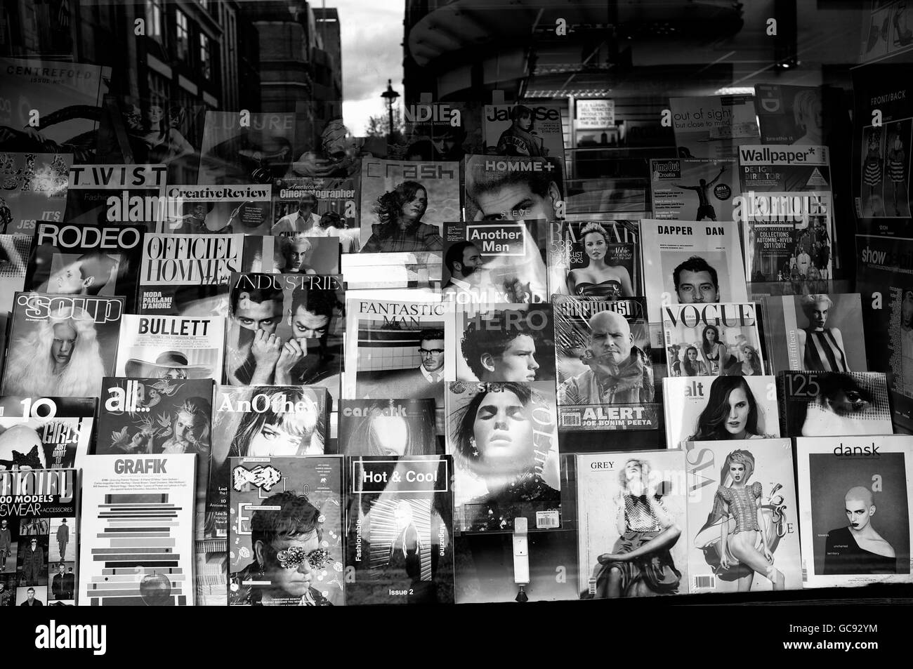 Black and white photograph of a specialist magazine shop front in ...