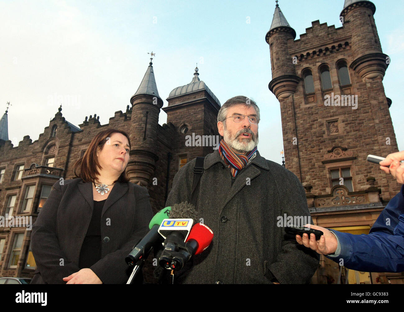 Sinn Fein President Gerry Adams and Michelle Gildernew speak to the ...