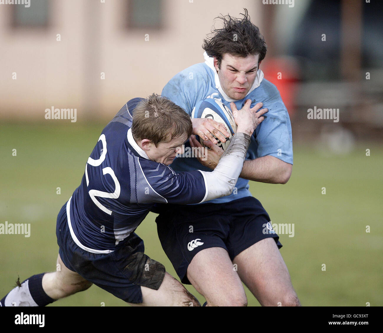 Scotland under 20's Ross Sutherland (right) tackled by Scotland Club ...