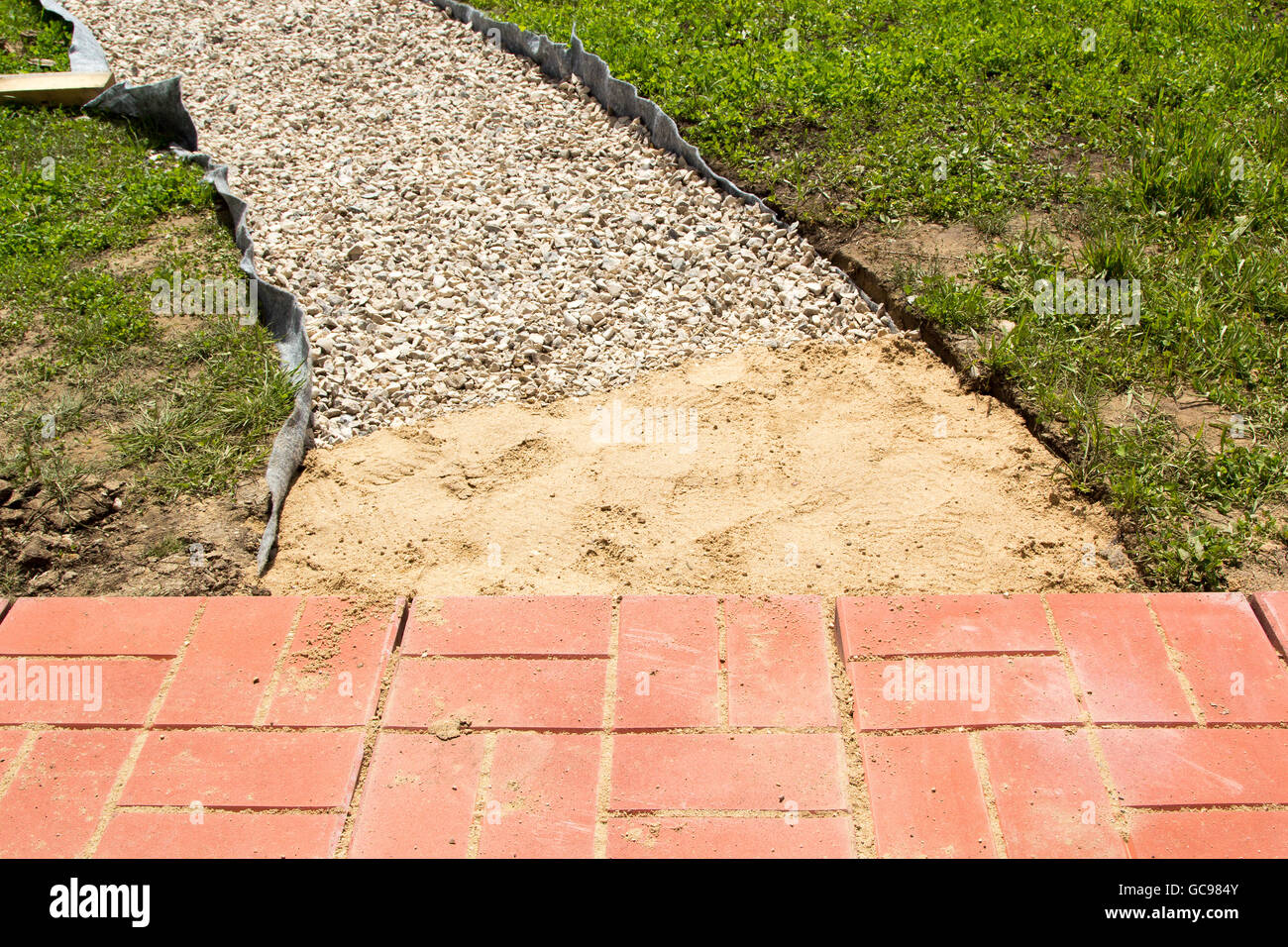 unfinished building the path of red concrete tiles Stock Photo - Alamy