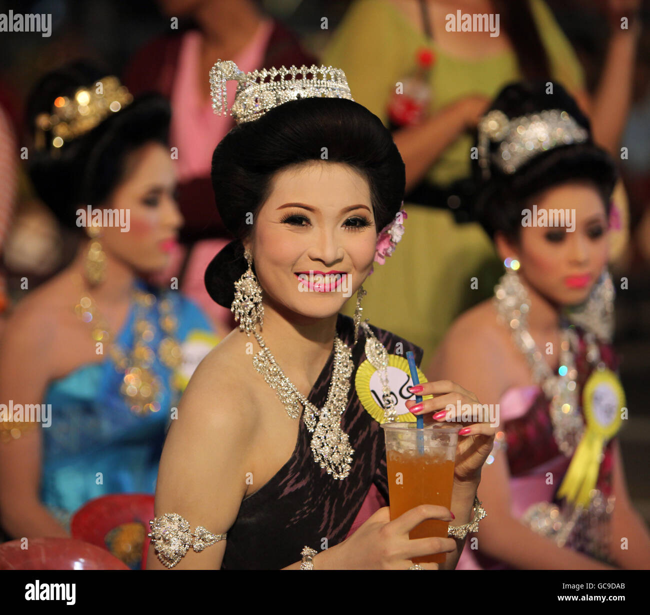 women on a Beauty Miss competition at the Bun Bang Fai Festival or ...