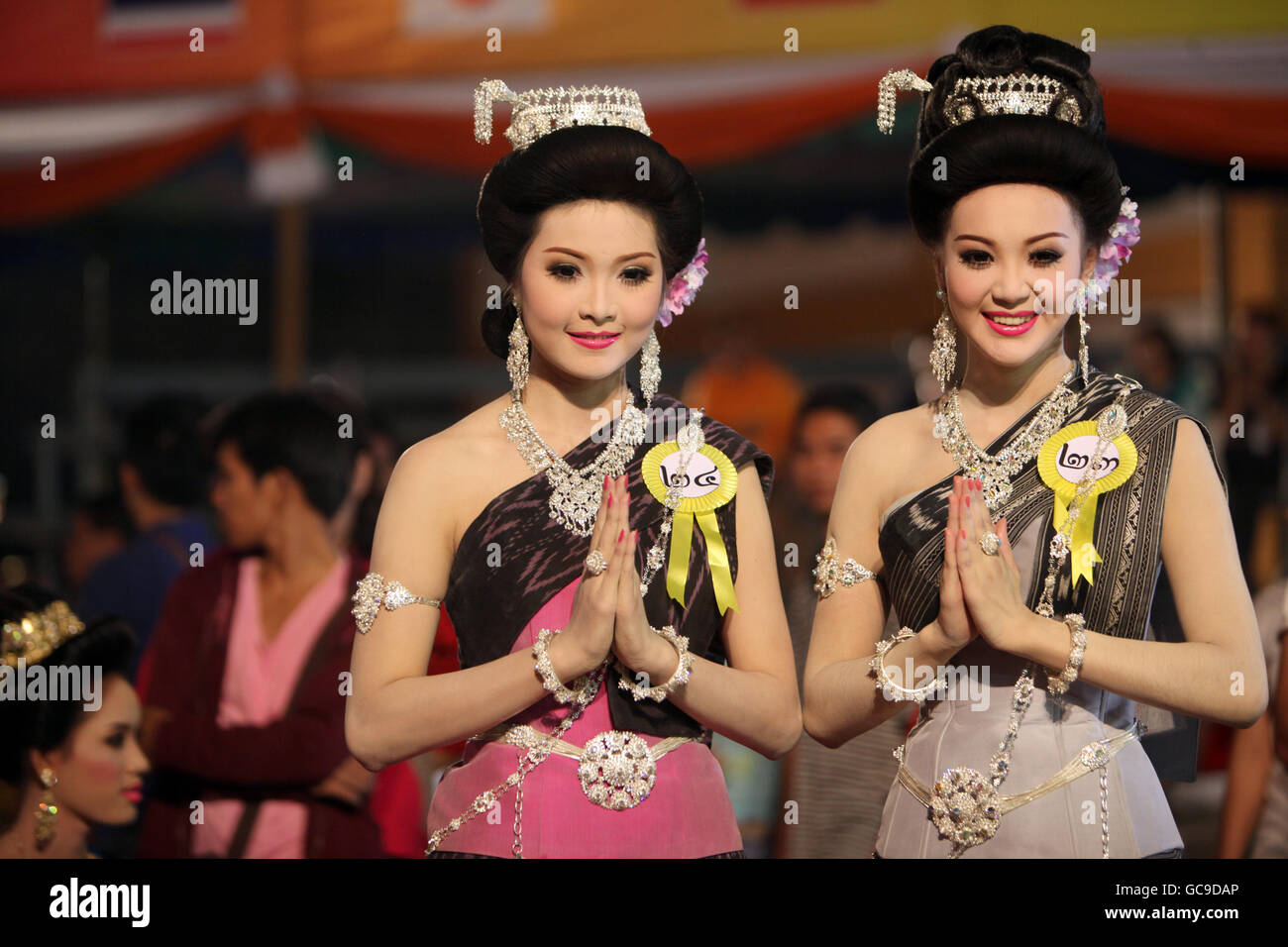 women on a Beauty Miss competition at the Bun Bang Fai Festival or ...