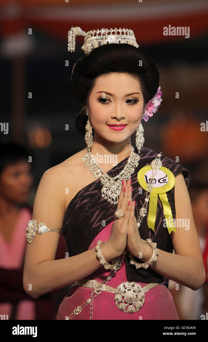women on a Beauty Miss competition at the Bun Bang Fai Festival or ...