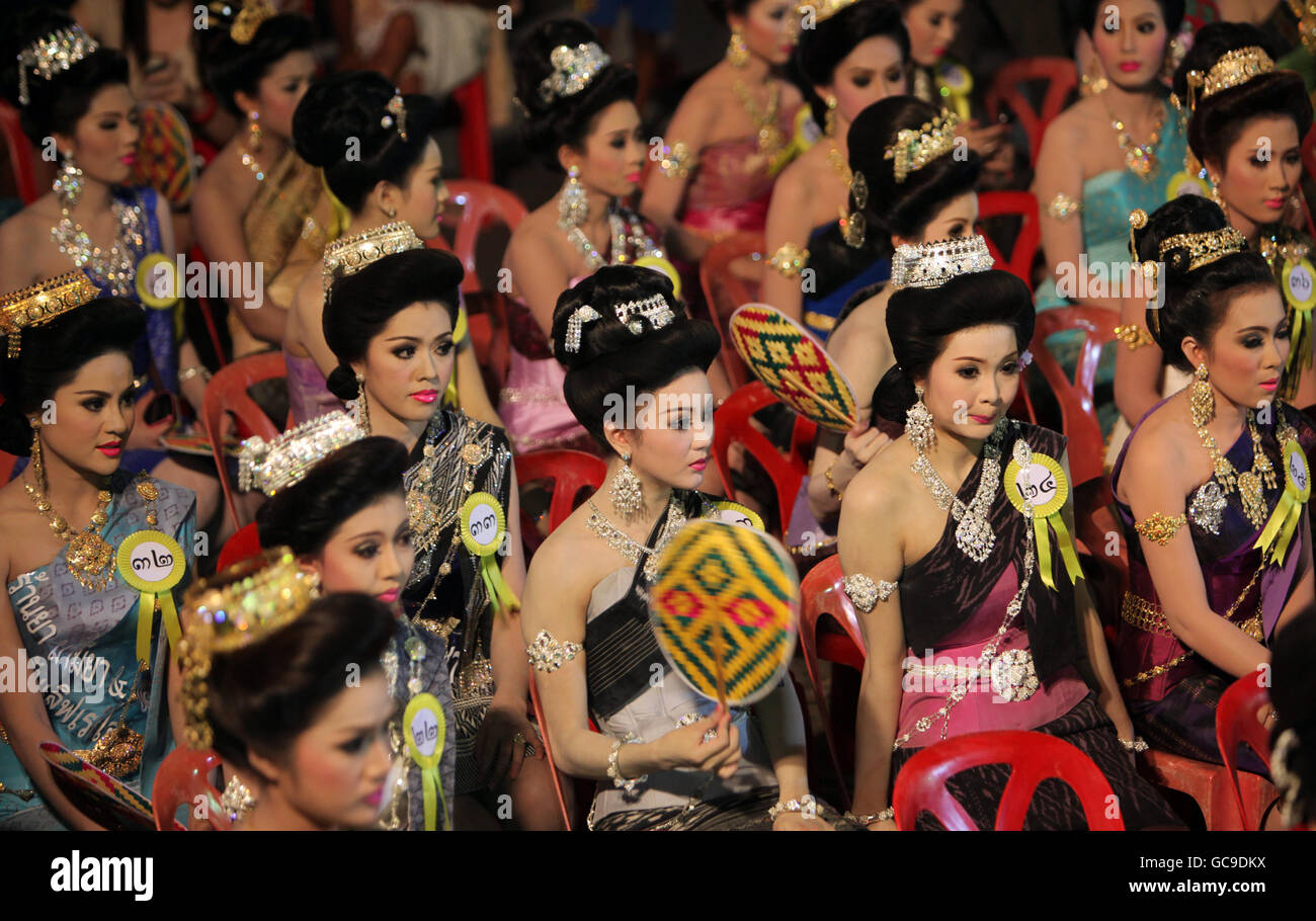 women on a Beauty Miss competition at the Bun Bang Fai Festival or ...