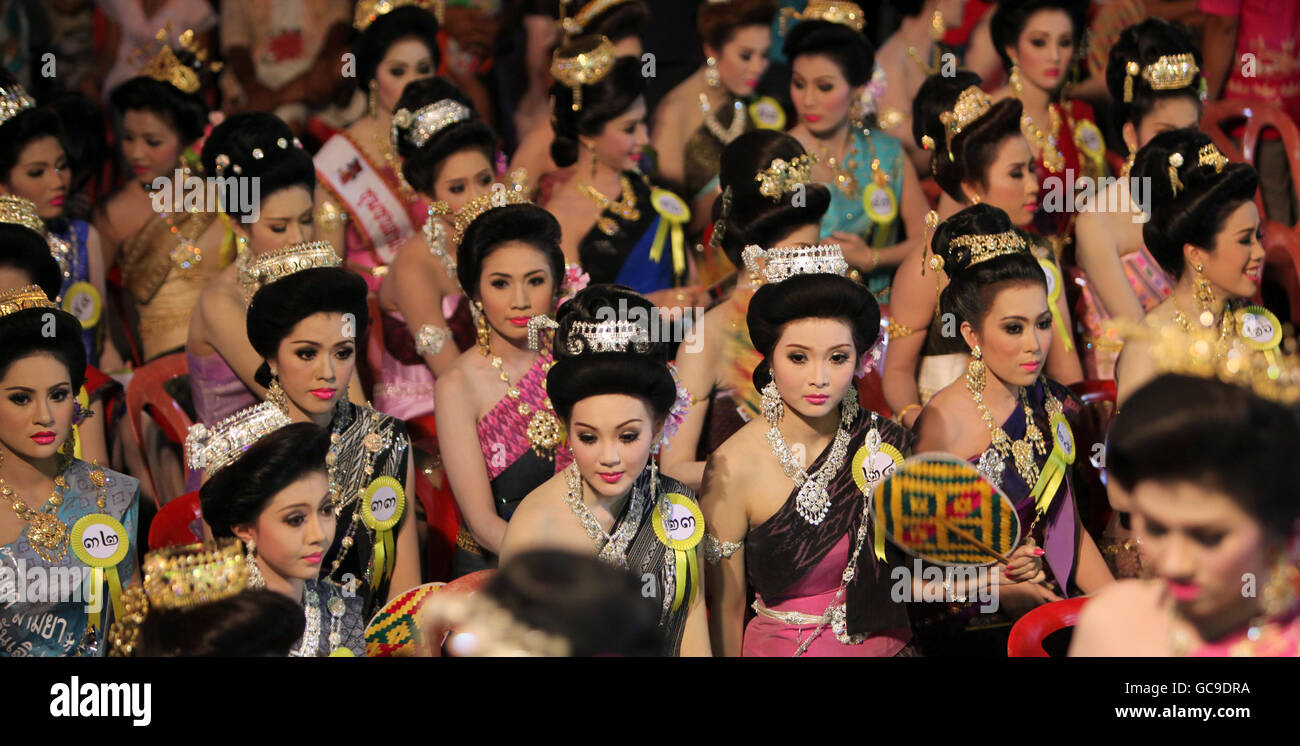 women on a Beauty Miss competition at the Bun Bang Fai Festival or ...