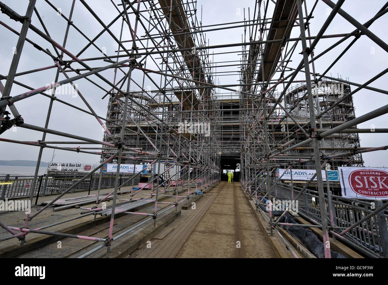 The huge scaffold construction that will be used as a temporary ramp to ...