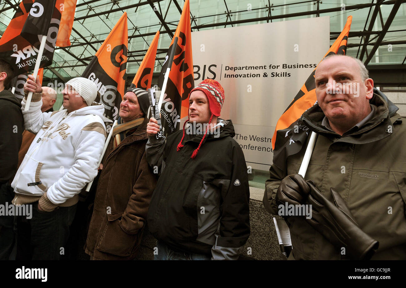 Group of workers protest outside the office of lord mandelson hi-res ...