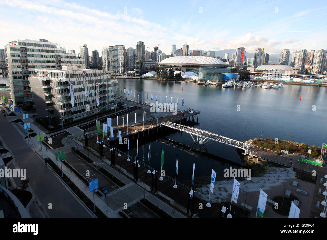 A general view over looking False Creek Bay with the BC Place stadium ...