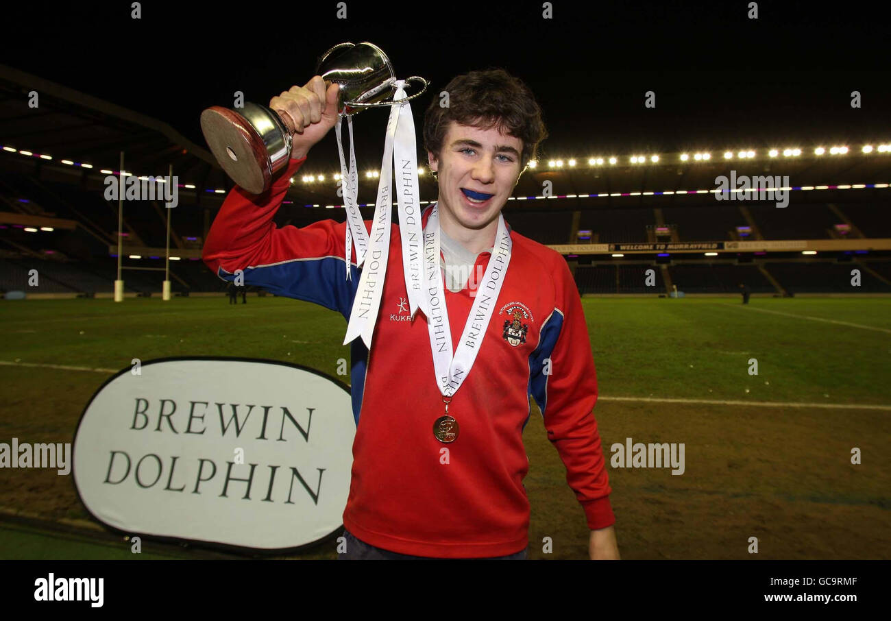 Hutcheson's Grammar School captain Blair McCarte celebrates winning the ...