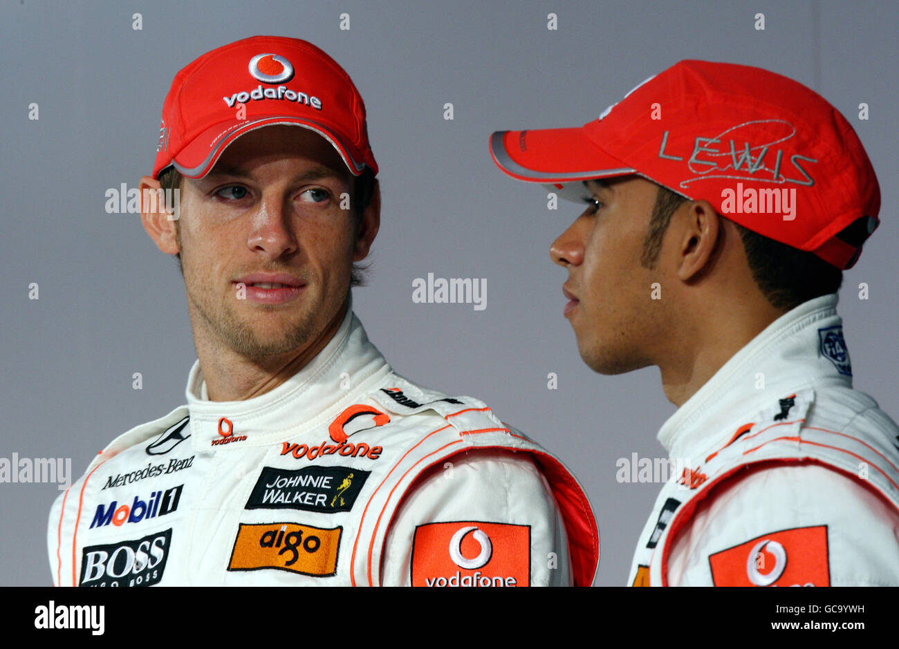 McLaren Mercedes drivers Jenson Button and Lewis Hamilton during the ...