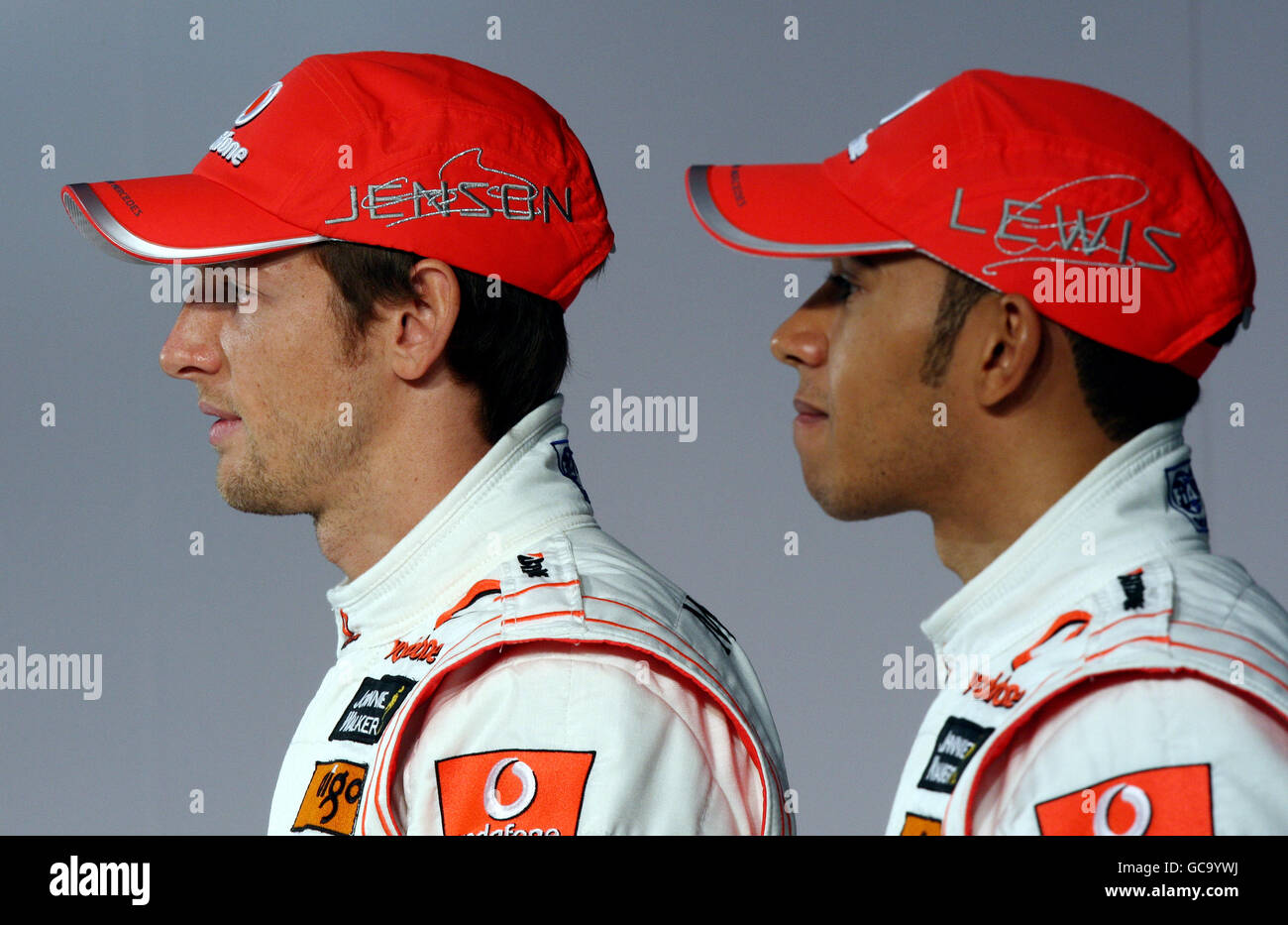 McLaren Mercedes drivers Jenson Button and Lewis Hamilton during the ...
