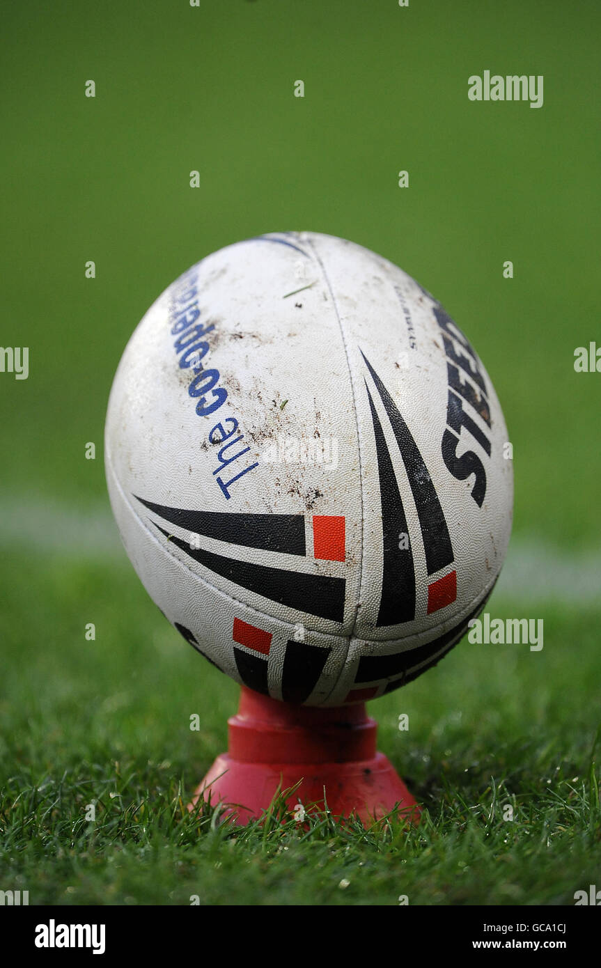 General view of an engage official match ball sitting on a kicking tee ...