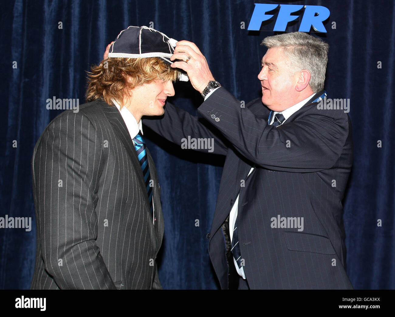 Richie Gray (left) receives his first Scotland Cap from SRU President ...