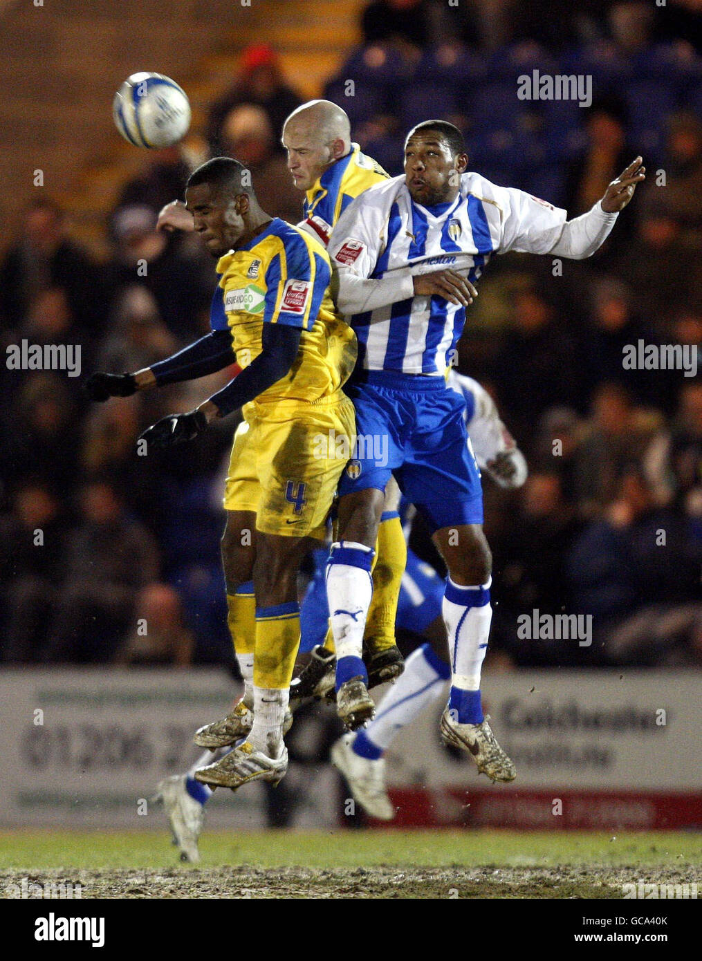 Southend's Jean-Francois Christophe (left) and Colchester's Clive Platt ...
