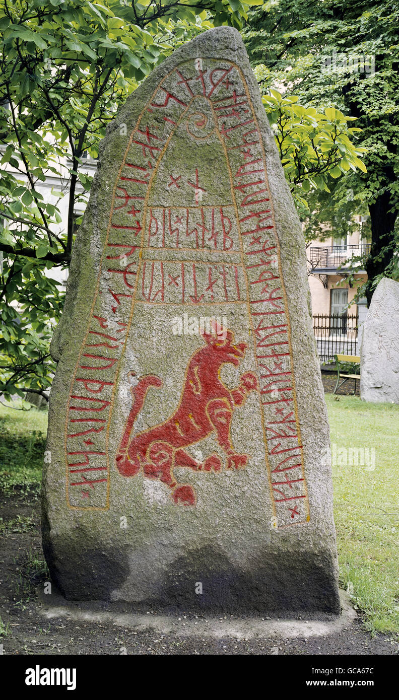 fine arts, middle ages, Vikings, sculpture, Runic stone with lion ...