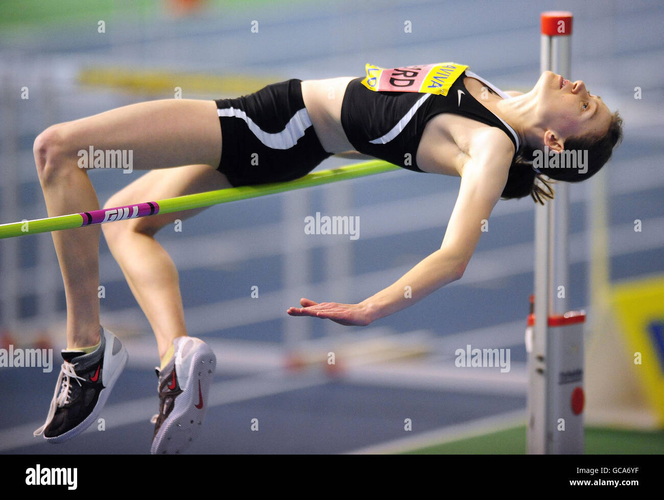 Vicki Hubbard in action in the women's high jump during the Aviva World ...