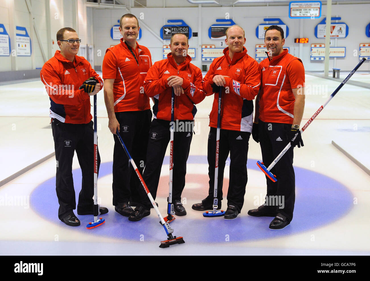 Great Britain curling team pose for a photo after training at the ...