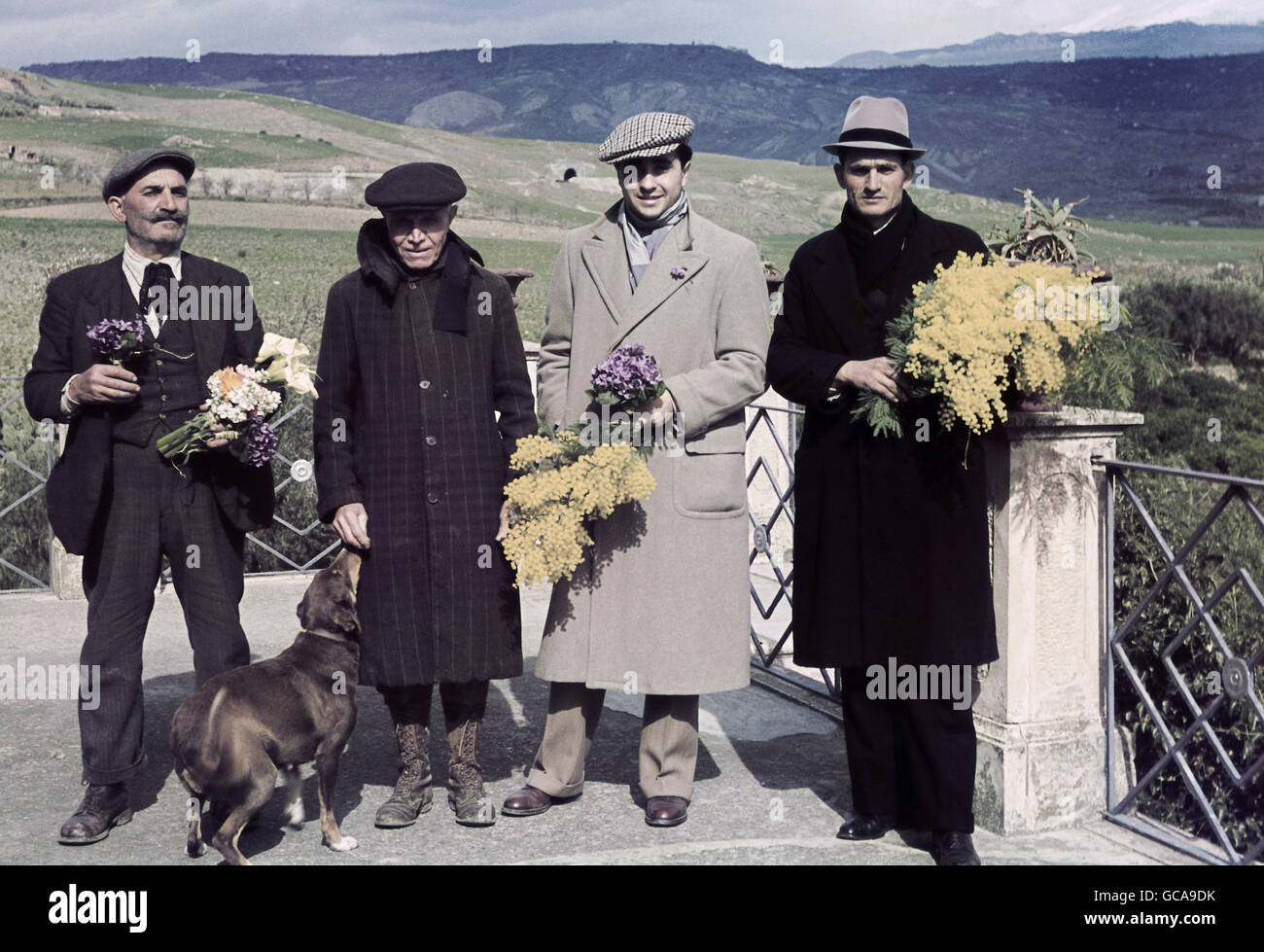 geography / travel, Italy, people, four men with flowers and dog ...