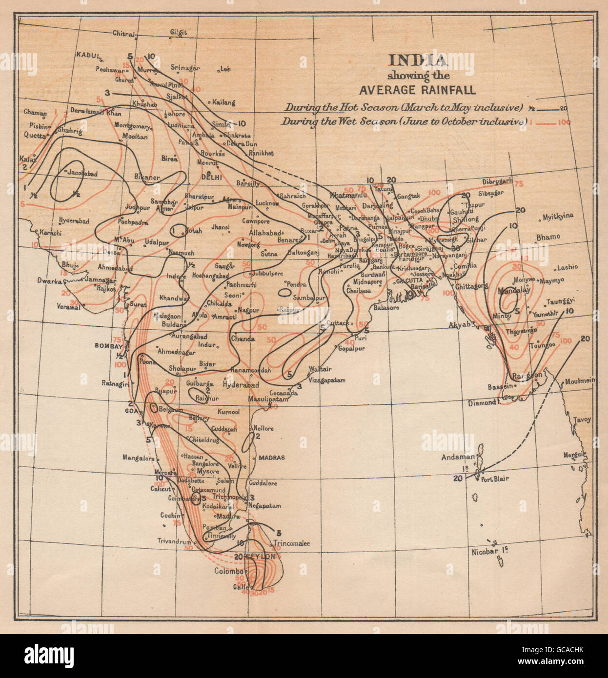 INDIA. showing average Rainfall during Monsoon & dry seasons. Isohyets ...