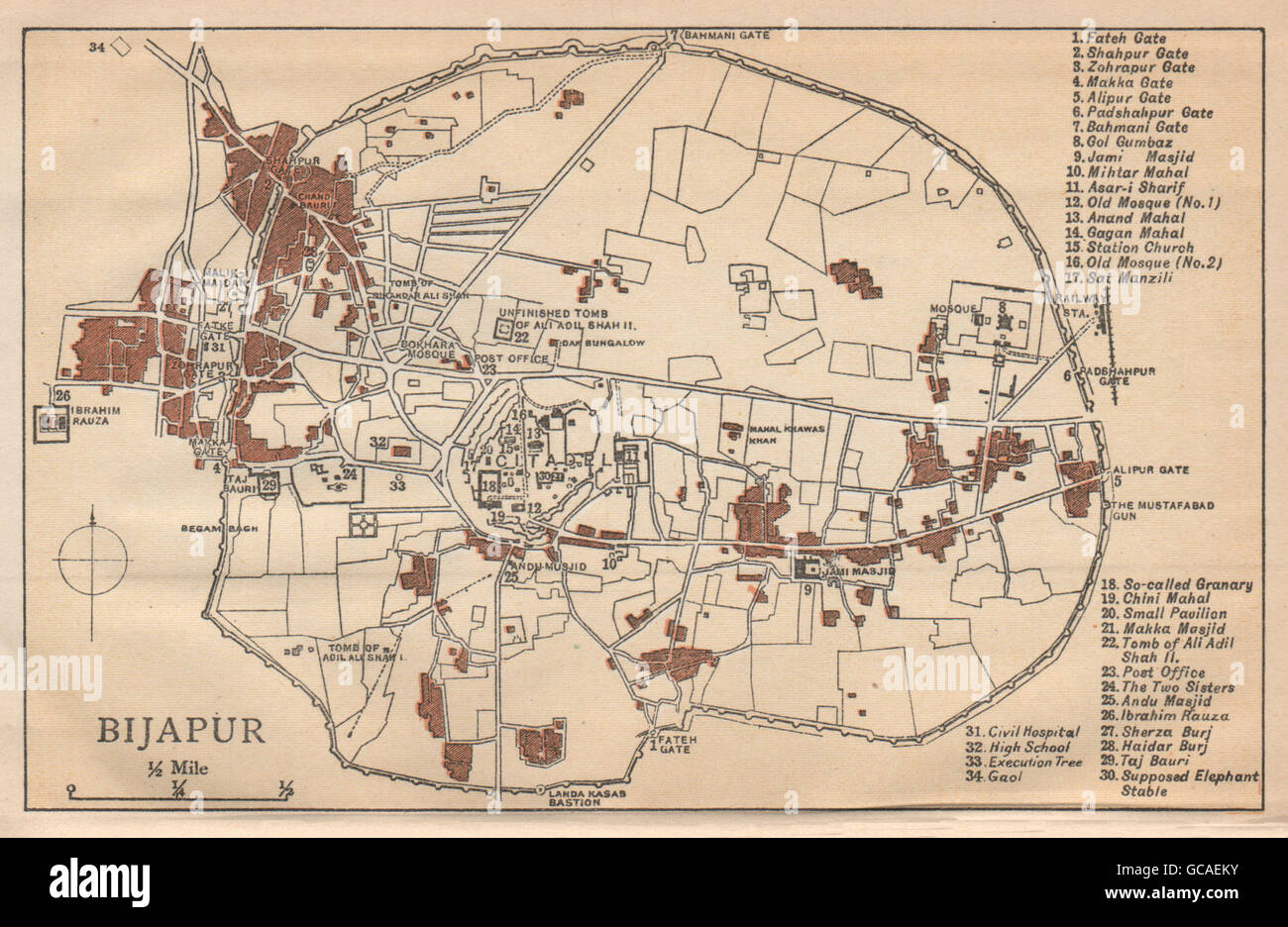 BRITISH INDIA. Bijapur city plan showing palaces/mahal mosques gates ...