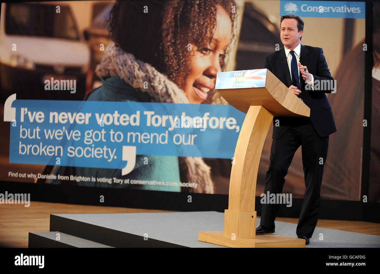 Conservative Party Leader, David Cameron, speaks in front of new ...