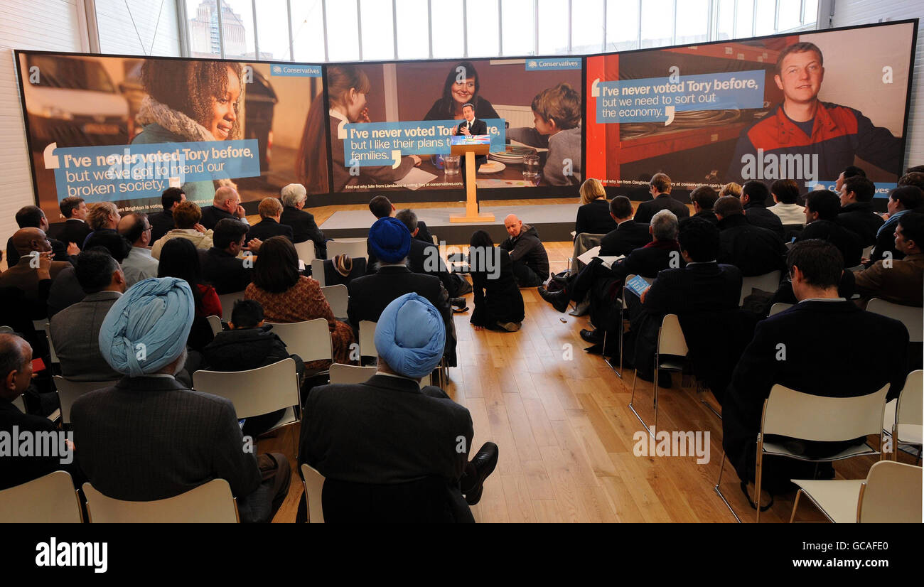 Conservative Party Leader, David Cameron, speaks in front of new ...
