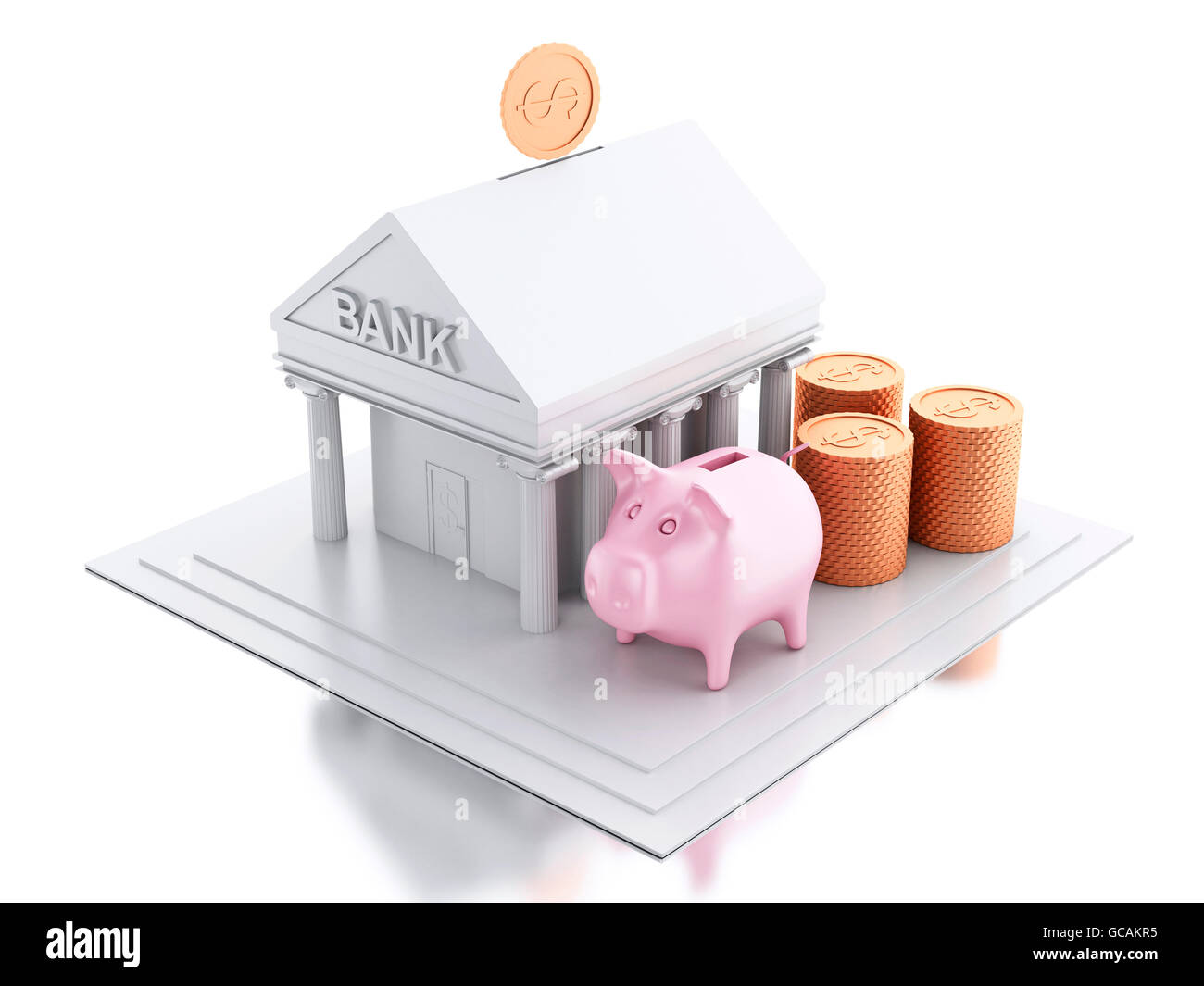 3d renderer image. Bank building with money coins and pink piggy bank ...