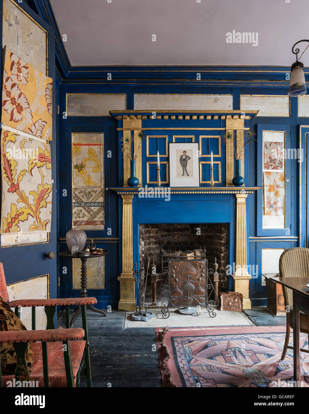 Rouen silk velour patterns on wall panels in drawing room with rich ...