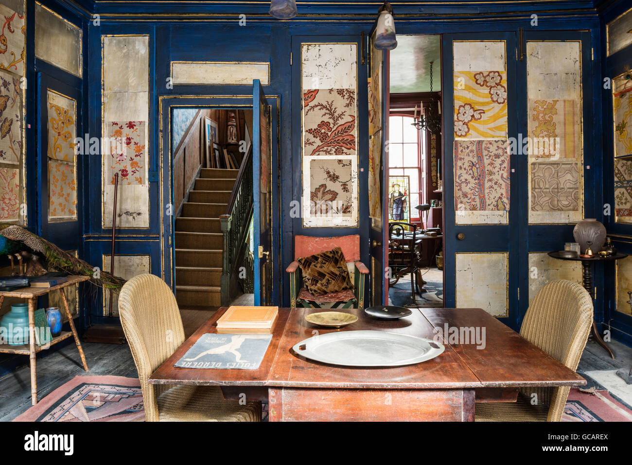 Rouen silk velour patterns on wall panels in drawing room with rich ...