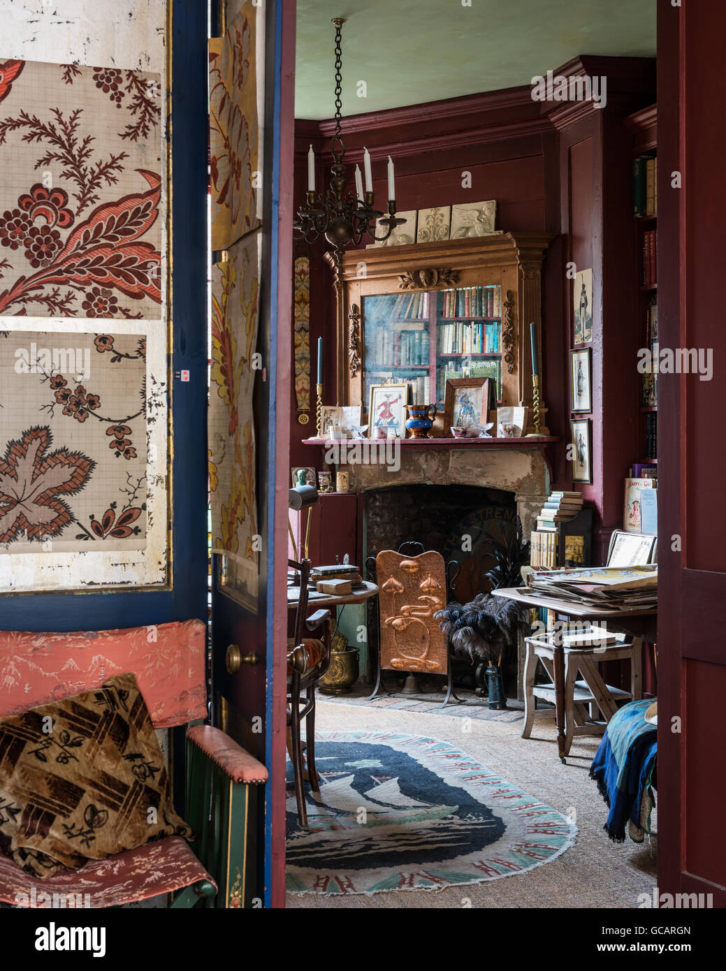 Rouen silk velour patterns on wall panels in drawing room with rich ...
