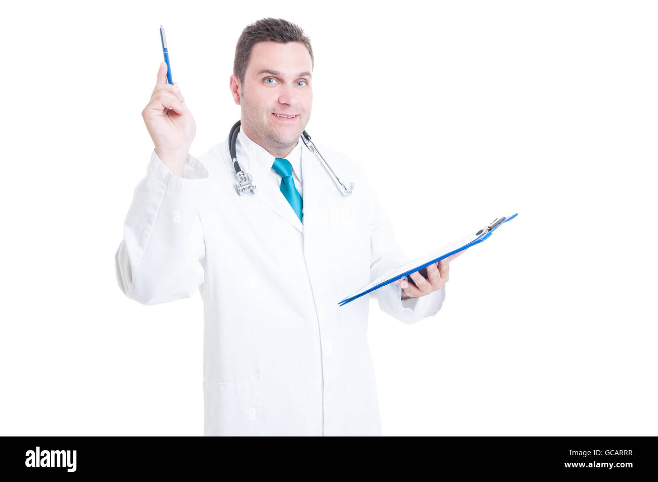 Male medic or doctor having a great idea holding clipboard isolated on ...