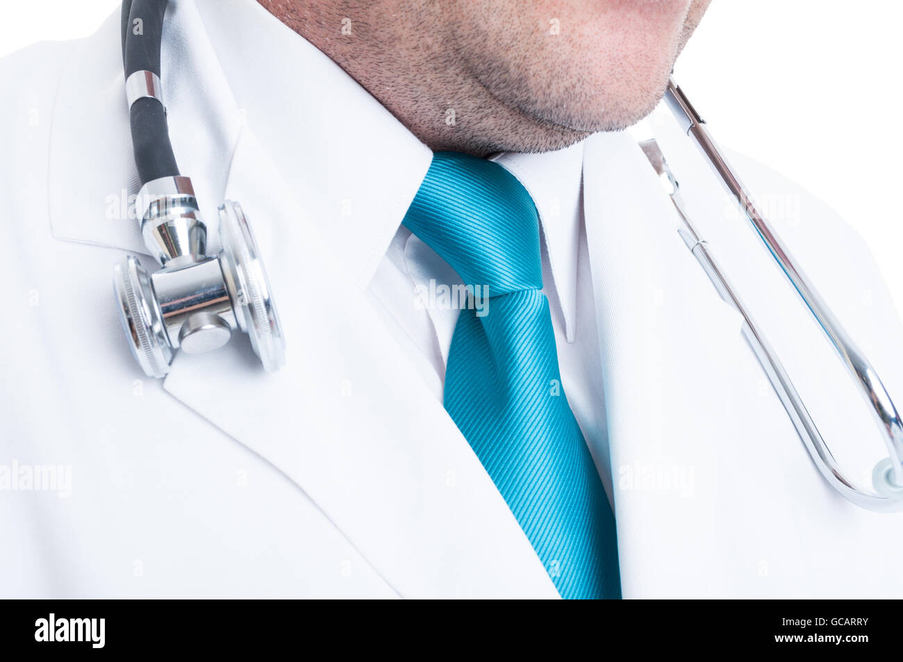 Close-up of doctor necktie with stethoscope around neck and blue tie ...