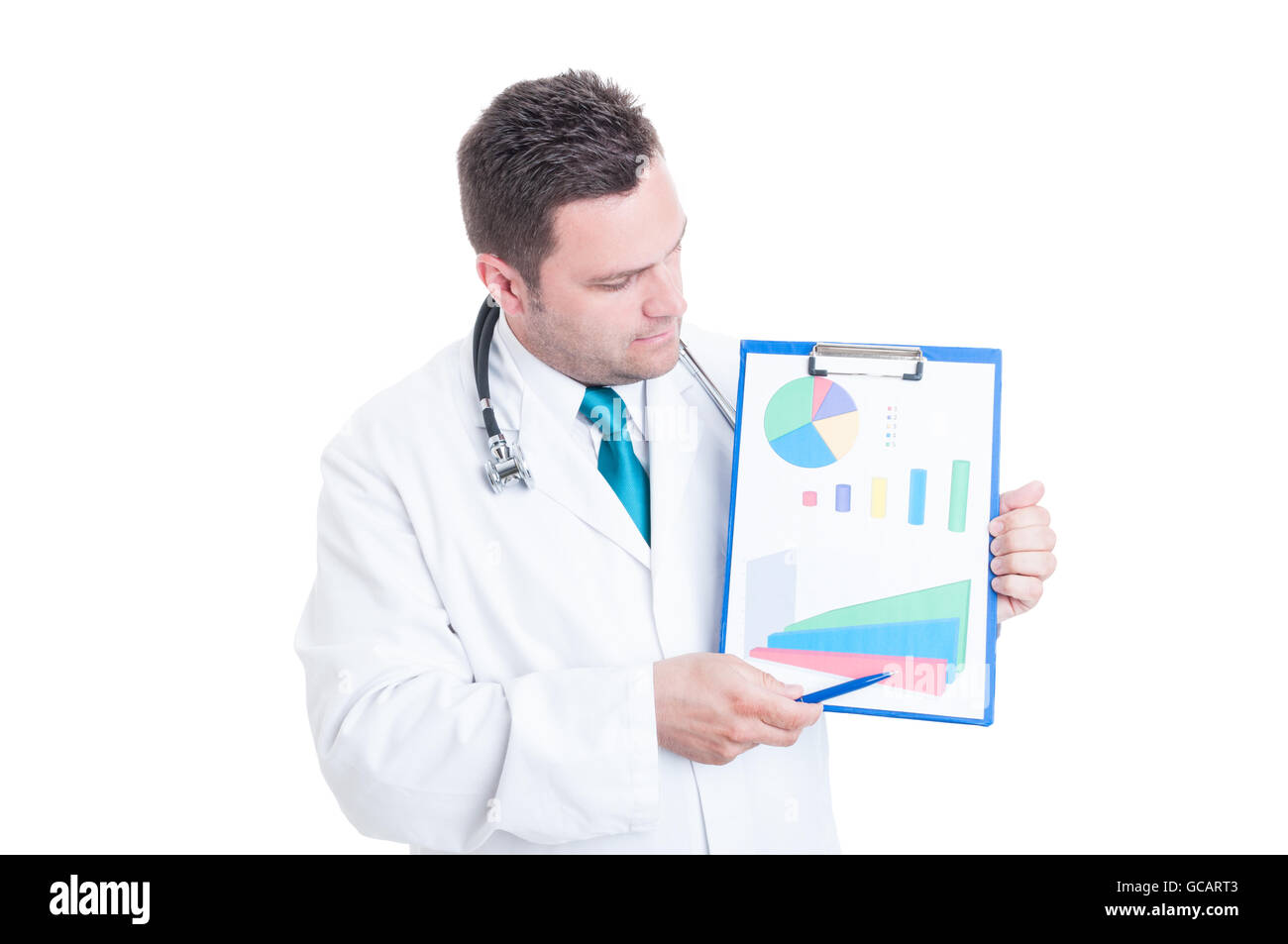 Male medic or doctor looking at statistics with charts on clipboard ...