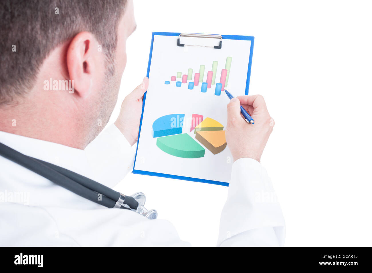 Back of medic analyzing charts or statistics isolated on white ...