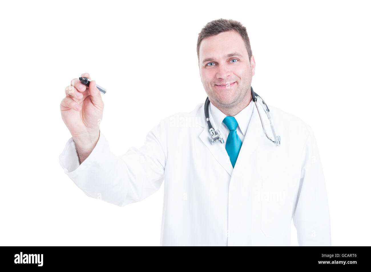 Male medic or doctor smiling and writing on transparent screen isolated ...