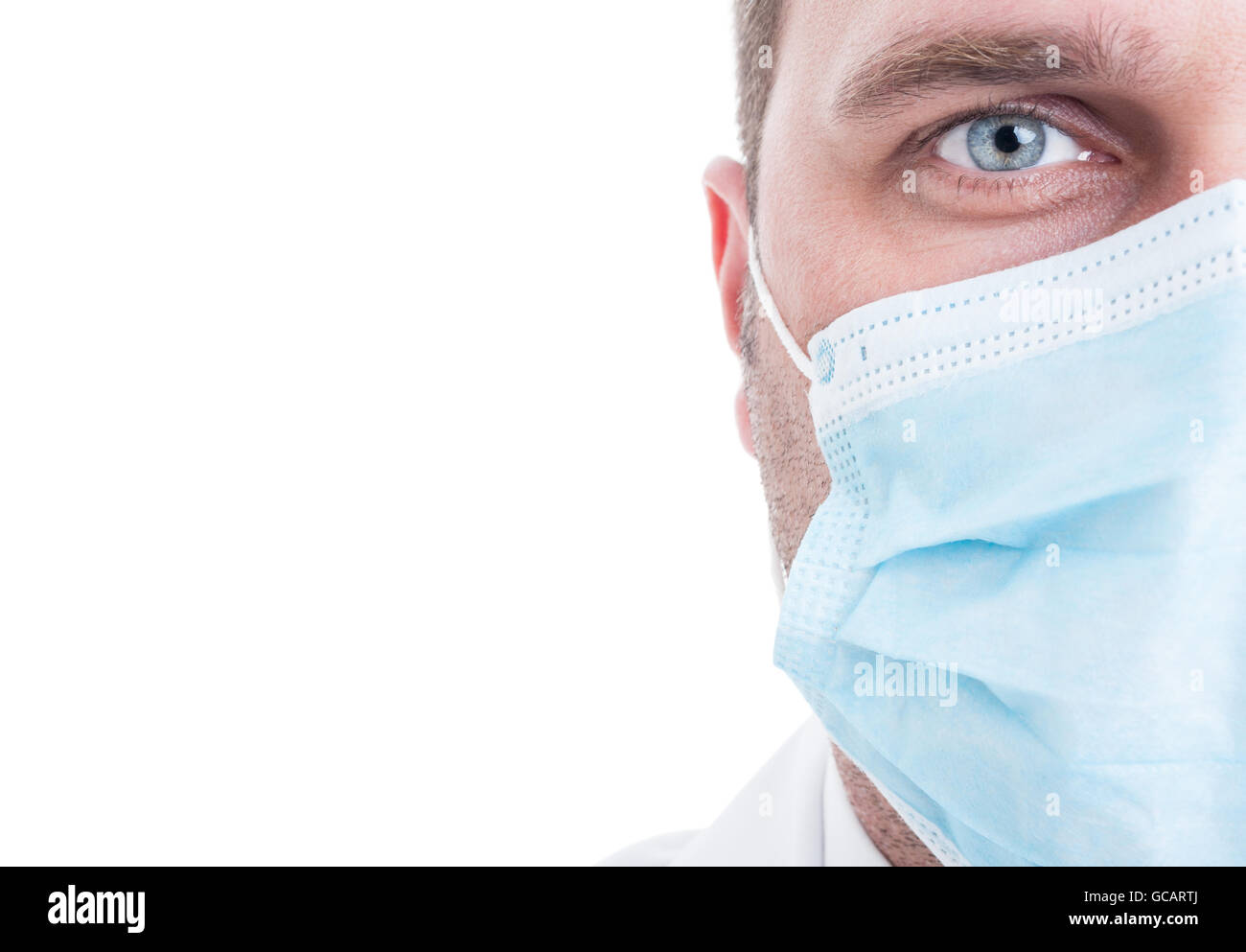 Close-up of half medic or doctor face with surgical masks isolated on ...