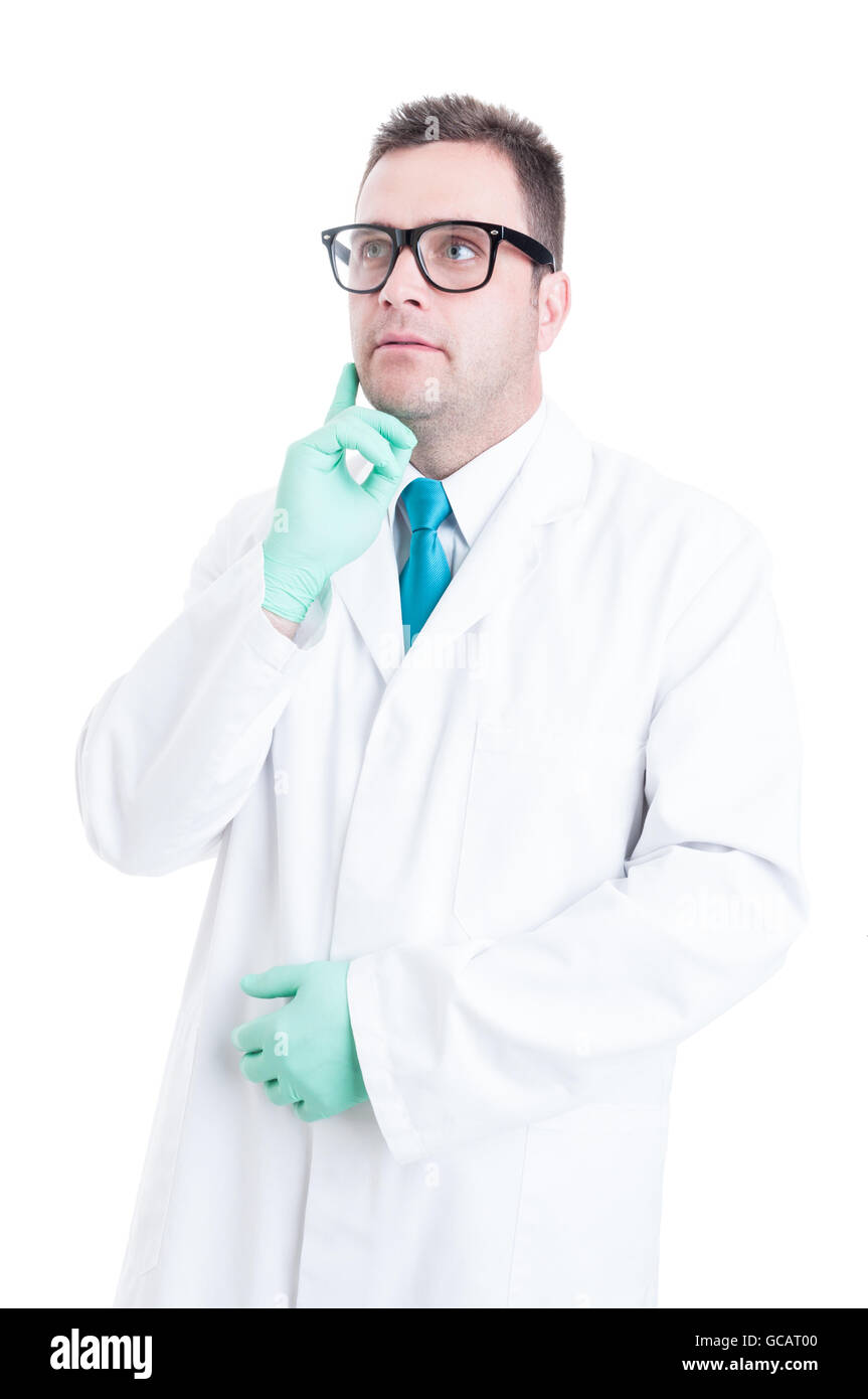 Male scientist posing like thinking about a solution isolated on white ...