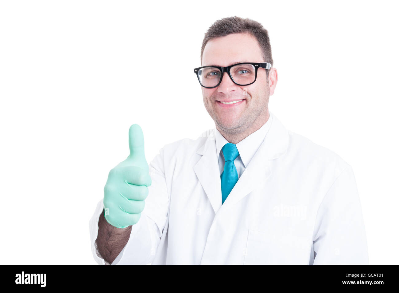 Male scientist smiling and showing thumb up gesture isolated on white ...