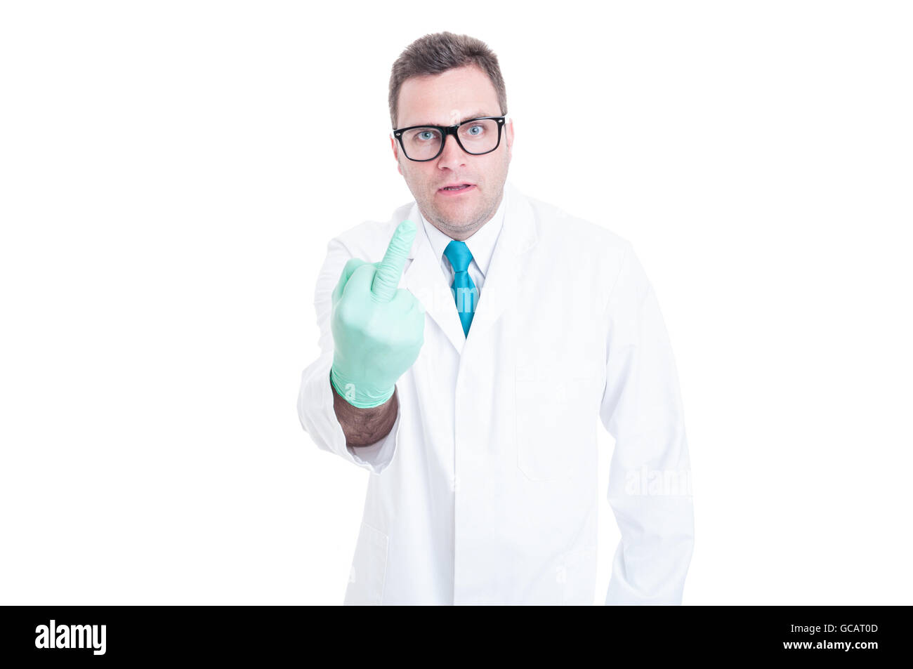 Male scientist showing middle finger gesture isolated on white ...