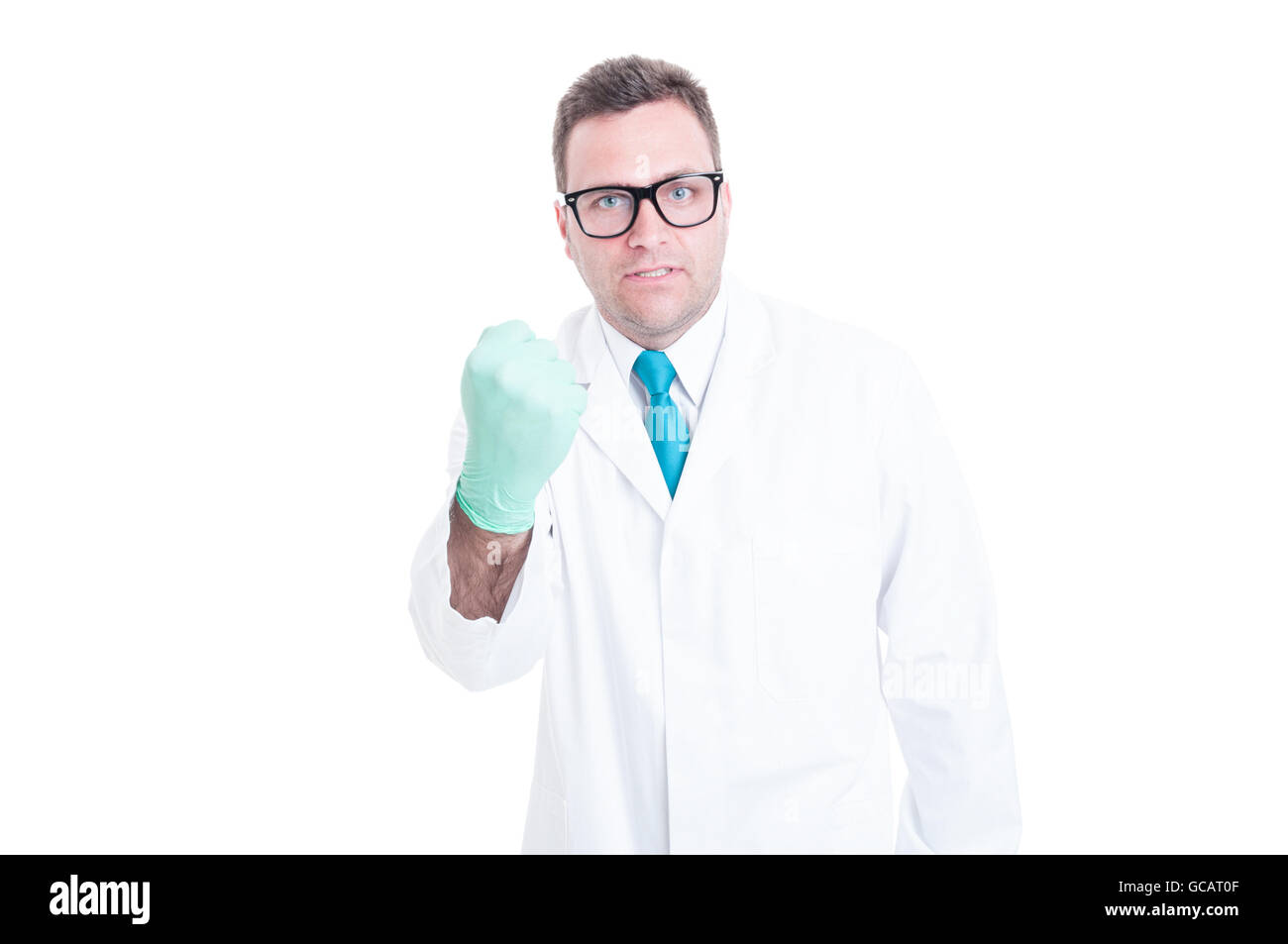 Male scientist in fighting position acting mad isolated on white ...