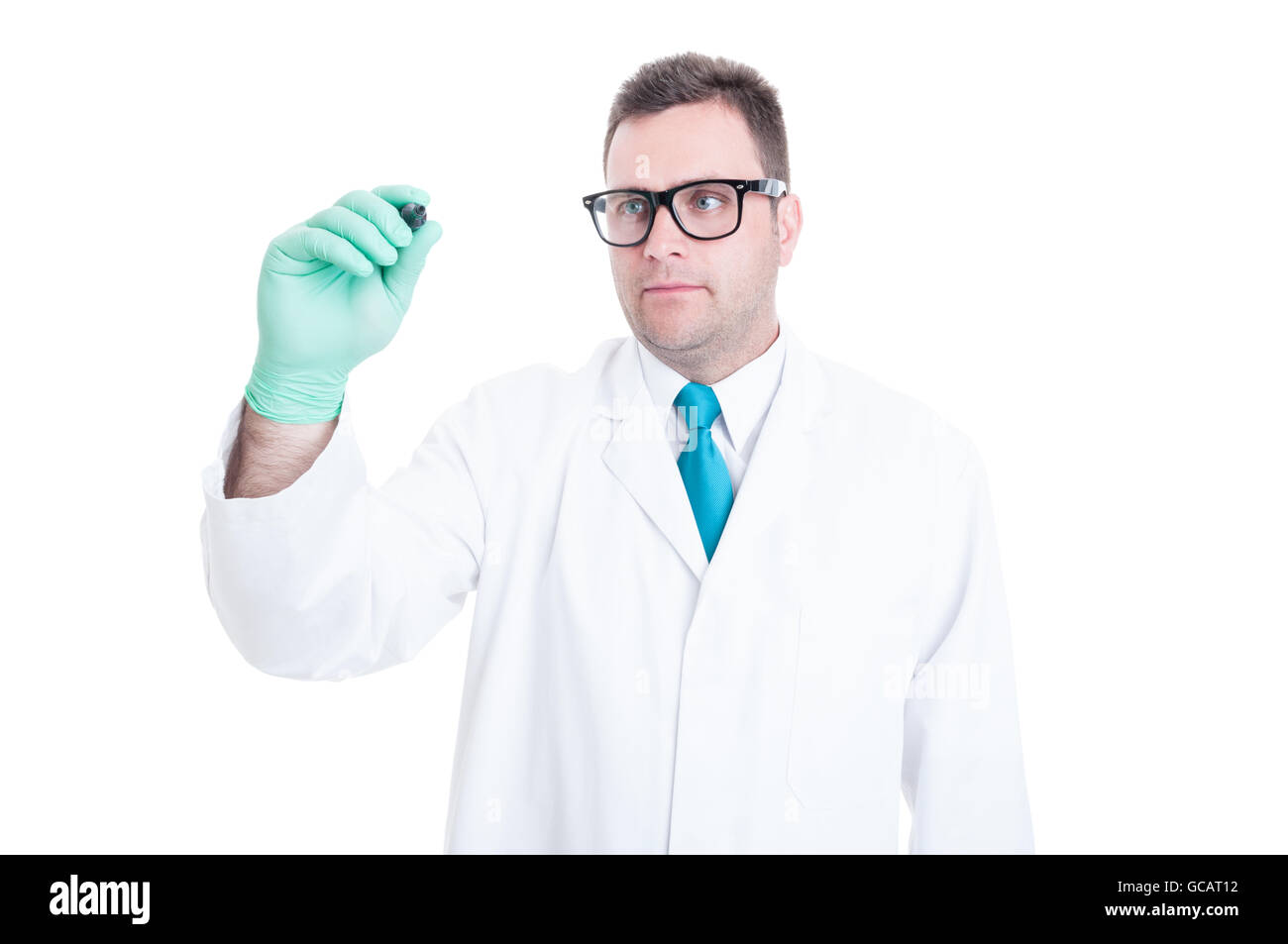Male doctor or medic writing on transparent screen isolated on white ...