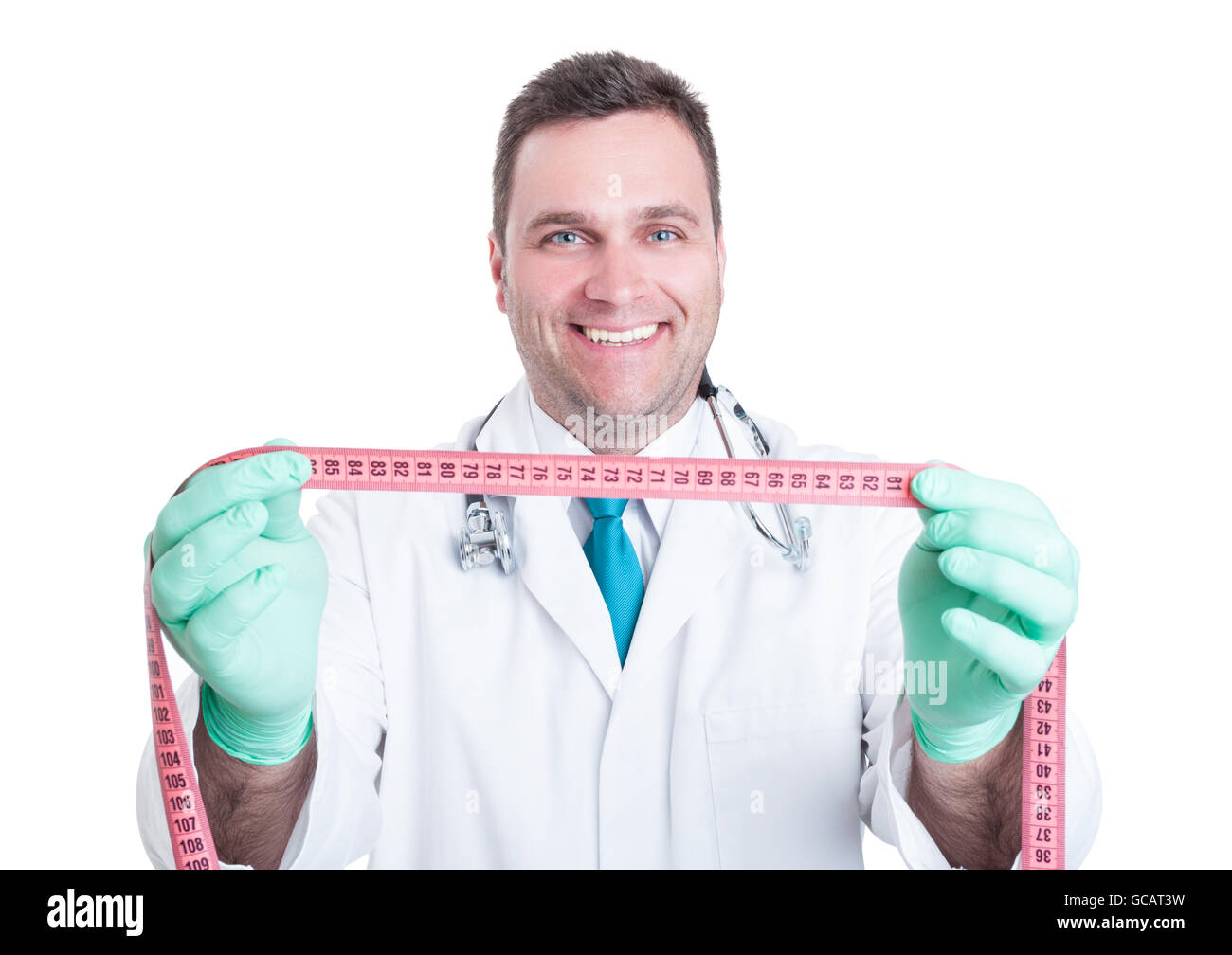 Male doctor or nutritionist holding body ruler and smiling isolated on ...