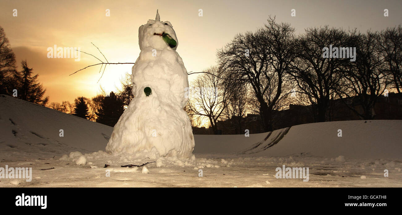 A snowman in Kelvingrove Park in Glasgow following fresh snow fall over ...