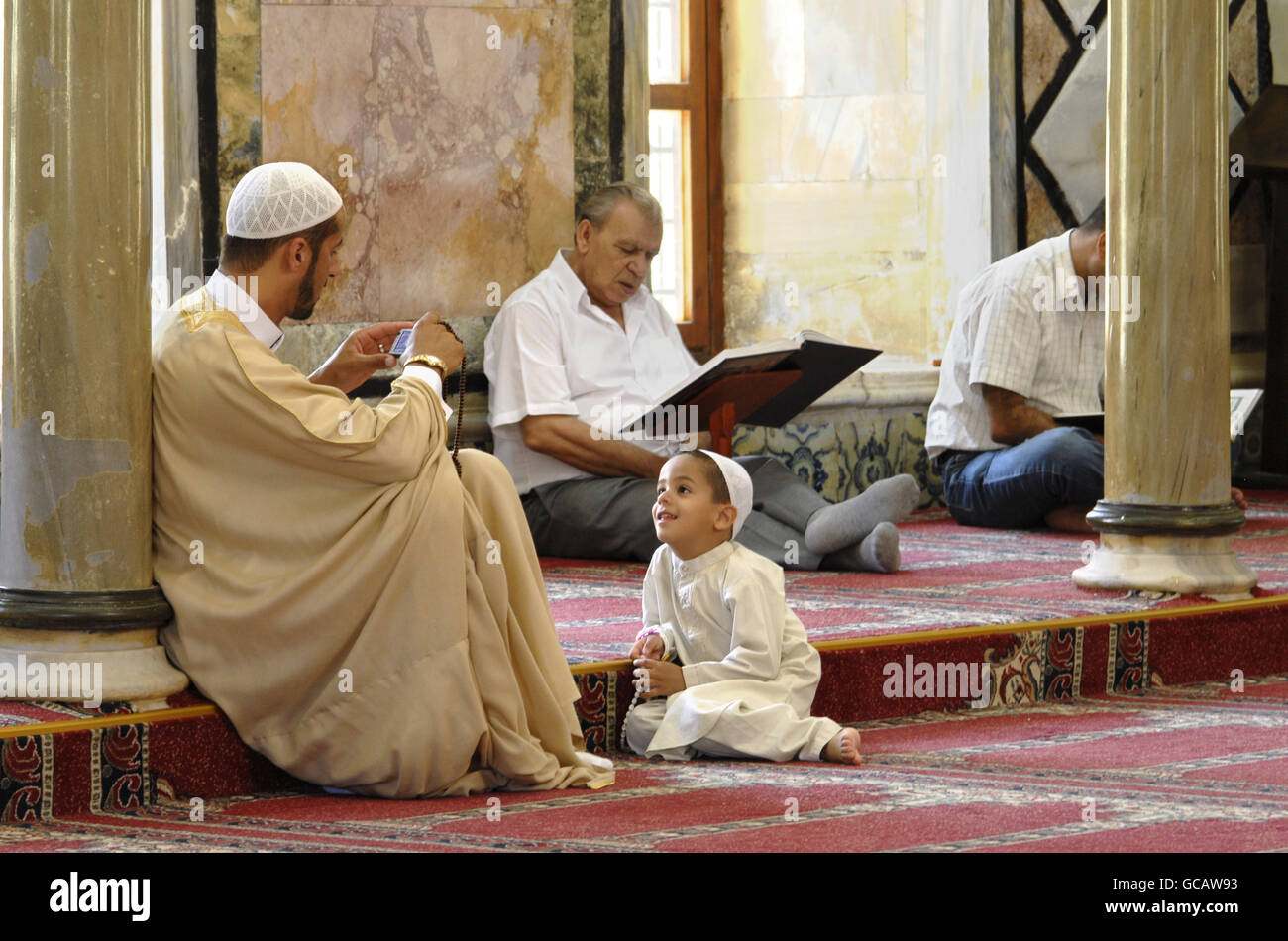 religion, Islam, mosque, Jezzar Pasha Mosque, father is taking a photo ...